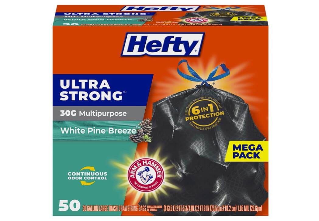 שקיות אשפה Hefty Ultra Strong נפח 113.5 ליטר בניחוח אורן - 50 יחידות ...